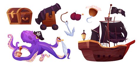 해적들은 만화 스타일로 아이콘을 설정합니다 하얀 두개골과 교차 뼈가있는 깃발 양피지 해적의 보물지도 병 해적에 대한 스톡 벡터 아트 및 기타 이미지 Istock