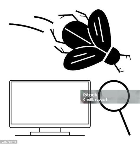 Conceptual Illustration Of Debugging With Computer Magnifying Glass And Bug In Motion Stock