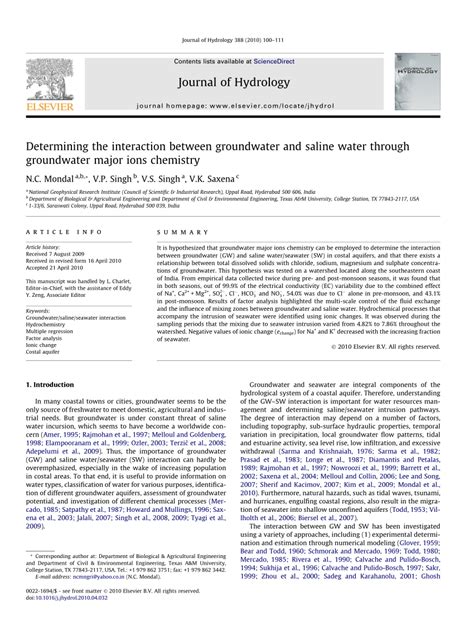 Pdf Determining The Interaction Between Groundwater And Saline Water
