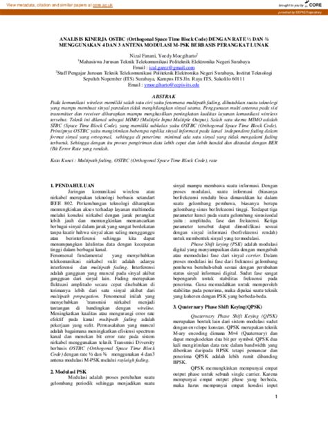 Pdf Analisis Kinerja Ostbc Orthogonal Space Time Block Code Dengan Rate ½ Dan ¾ Menggunakan