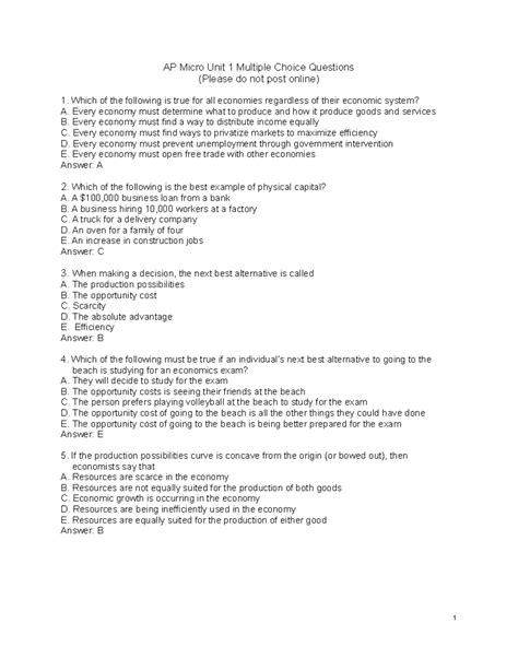Micro Unit 1 Multiple Choice Questions AP Micro Unit 1 Multiple