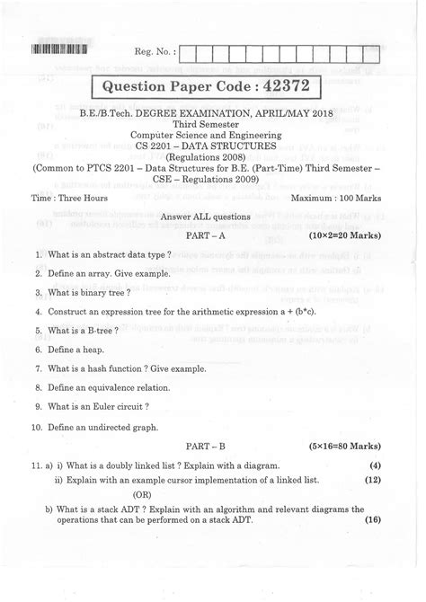 Anna University Cs 2201 Data Structures For Computer Science And Engineering Aprilmay 2018