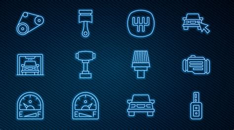 리모컨 엔진 점검 기어 시프터 세척 타이밍 벨트 키트 에어 필터 및 엔진 피스톤 아이콘으로 라인 자동차 키를 설정합니다 벡터 계기판 차량 부분에 대한 스톡 벡터 아트 및