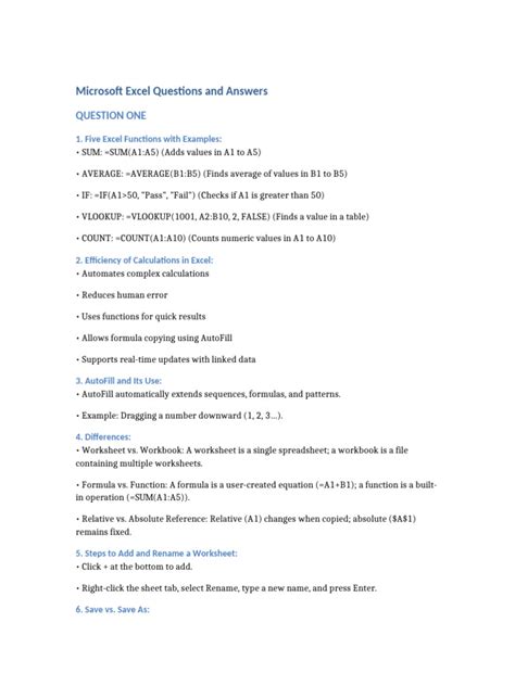 Excel Questions Answers Pdf Microsoft Excel Worksheet