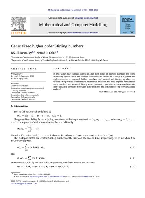 Pdf Generalized Higher Order Stirling Numbers