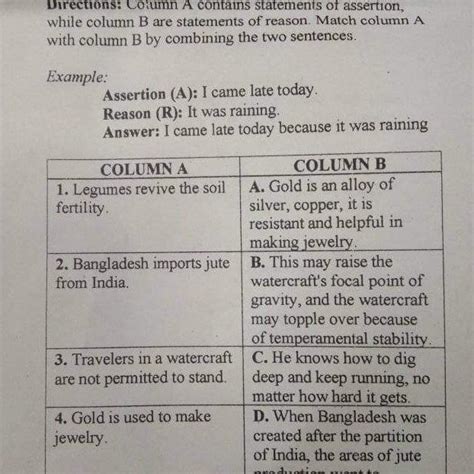 task 4 match it column a contains statements of assertion while column