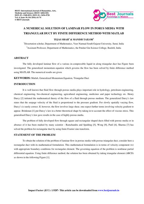 pdf a numerical solution of laminar flow in porus media with
