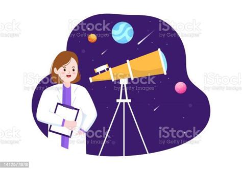 평평한 손으로 그린 스타일의 망원경을 통해 우주 공간에서 밤별이 빛나는 하늘 은하 및 행성을 보는 사람들과 함께하는 천문학 만화 일러스트 레이 션 감시에 대한 스톡 벡터