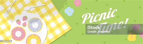 배너 카드 전단지 소셜 미디어 배경 화면 등을위한 피크닉 일러스트레이션이있는 벡터 배경 소풍 음식에 대한 스톡 벡터 아트 및 기타 이미지 Istock