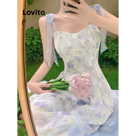 Lovito ชุดเดรส พิมพ์ลายดอกไม้ แบบผูกเชือก สไตล์วินเทจ สําหรับผู้หญิง L86ed223 Shopee Thailand
