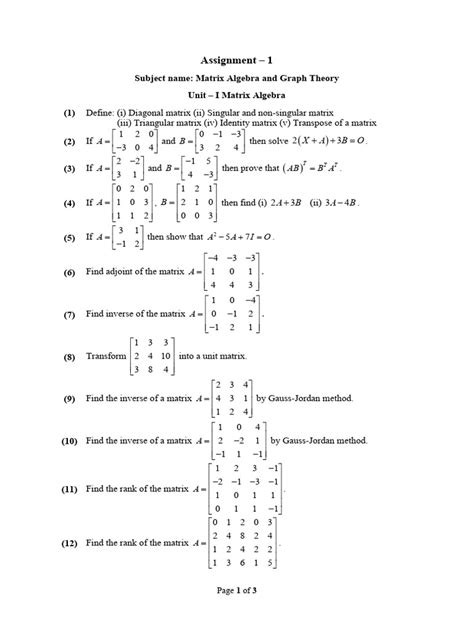Assignment 1 Unit I And Ii Pdf Matrix Mathematics