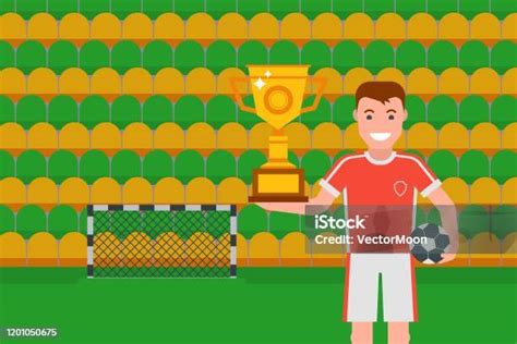 황금 트로피 벡터 일러스트와 축구 챔피언 경기장에 행복 한 축구 선수 상금 우승자 남자 플랫 스타일의 만화 캐릭터 축구 팀
