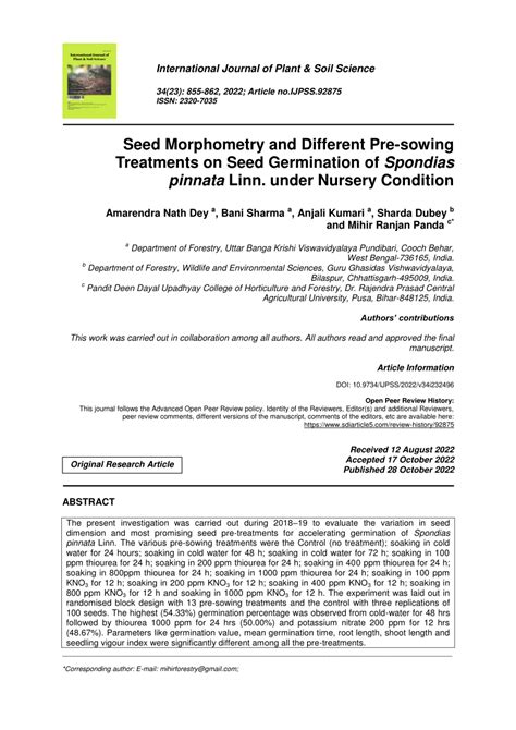 PDF Seed Morphometry And Different Pre Sowing Treatments On Seed Germination Of Spondias