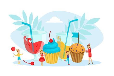 생일을 축하하는 아이들 귀여운 작은 소년과 소녀가 거대한 컵 케이크와 주스 만화 벡터 일러스트레이션의 안경에 서있는 동안 재미있게 지내고 있습니다 귀여운에 대한 스톡 벡터