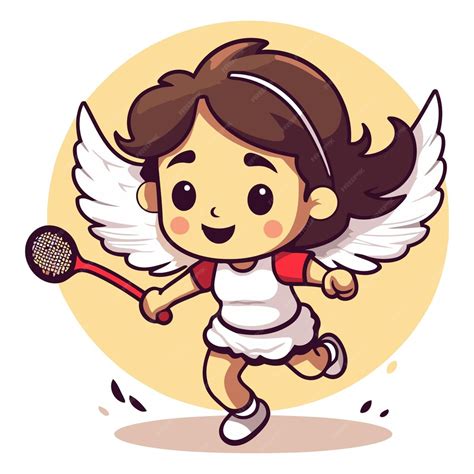 만화 캐릭터의 테니스를 하는 귀여운 어린 소녀 프리미엄 벡터