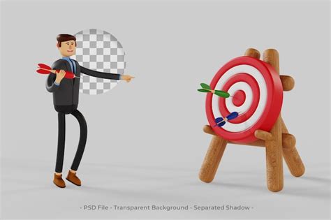비즈니스 남자의 3d 캐릭터 땡기 대상에서 다트 화살표를 던져 프리미엄 Psd 파일