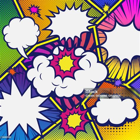 레트로 팝 아트 만화책 잡지 연설 거품 풍선 상자 메시지 슈퍼 히어로 판매 배너 빈 연설 거품 세트 벡터 일러스트 하프 톤 책