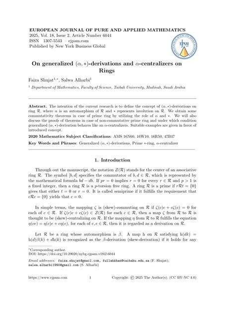 Pdf On Generalized Alpha Ast Derivations And Alpha Centralizers On Rings