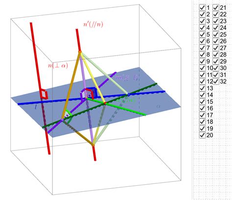평면 위의 평행하지 않은 두 직선에 수직인 직선은 평면과 수직이다 Geogebra