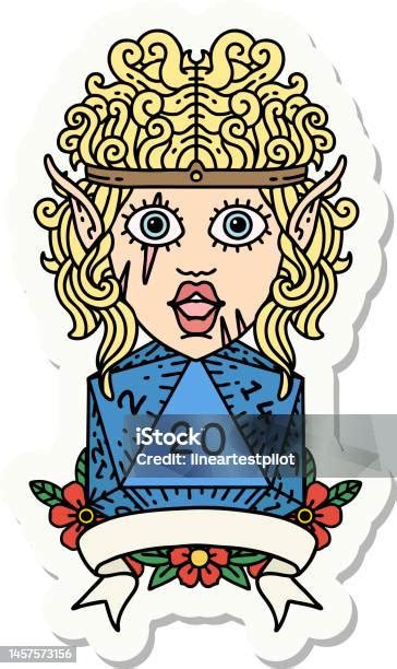 자연스러운 20 개의 주사위 굴림을 가진 엘프 야만인 캐릭터의 스티커 굴리기에 대한 스톡 벡터 아트 및 기타 이미지 굴리기