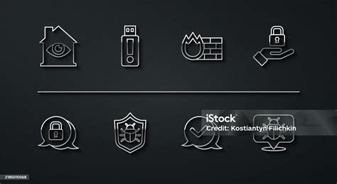 눈 스캔 사이버 보안 손에 잠금 확인 표시 말풍선 시스템 버그 Usb 플래시 드라이브 및 방화벽 벽 아이콘이 있는 라인 하우스를