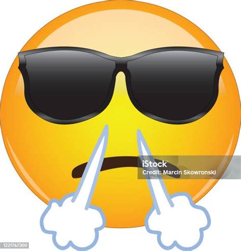 멋진 화가 이모티콘 얼굴 노란 얼굴은 좌절과 분노의 표시로 코에서 나오는 찡그린 입 증기와 선글라스를 착용 일러스트레이션에 대한 스톡 벡터 아트 및 기타 이미지 Istock