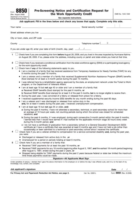 Fillable Form 8850 Pre Screening Notice And Certification Request For The Work Opportunity