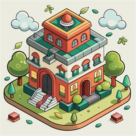 건물과 나무가 있는 건물의 만화 그림 프리미엄 Ai 생성 벡터