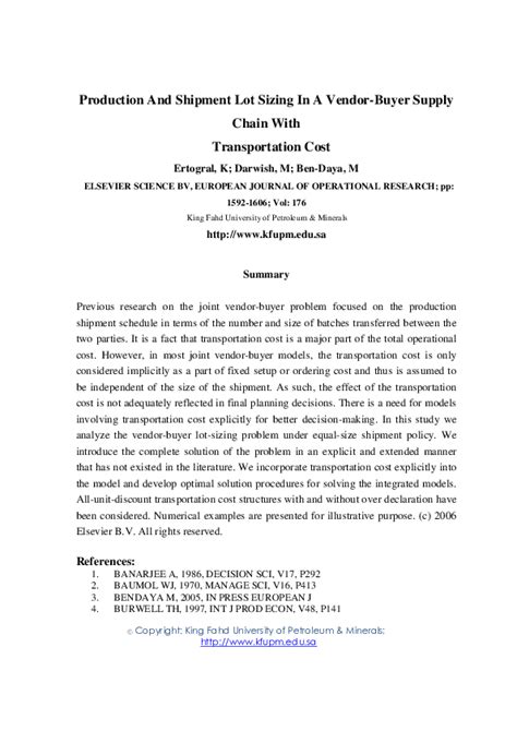pdf production and shipment lot sizing in a vendor buyer supply chain with transportation cost