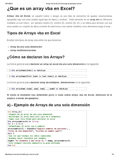 Arrays Vba En Excel Descarga De Ejemplos Macros Pdf Estructura De