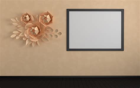 현대 내부에서 사진 프레임을 비웃는 다 종이 꽃 하 고 꽃다발 벽 장식 나뭇잎 3d 렌더링입니다 텍스트에 대 한 빈 포스터 이랑 아늑한 룸 0명에 대한 스톡 사진 및 기타