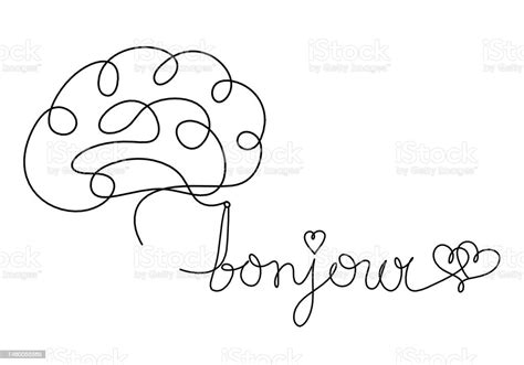 단어 Bonjour Hello의 붓글씨 비문 흰색 배경에 연속 선 그리기로 뇌와 함께 낙서 드로잉에 대한 스톡 벡터 아트 및 기타 이미지 Istock