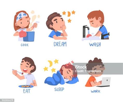 동사 벡터 세트를 시연하는 다양한 활동에 종사하는 재미있는 아이들 개념에 대한 스톡 벡터 아트 및 기타 이미지 개념 개수대 개체 그룹 Istock