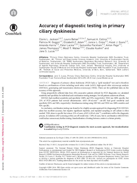 Pdf Accuracy Of Diagnostic Testing In Primary Ciliary Dyskinesia