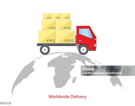 글로벌 물류 네트워크입니다 전세계 배달 개념입니다 양식에 일치 시키는 세계 따라 골 판지 상자 놀이 기구와 트럭 재고 벡터입니다 평면 디자인입니다 개념에 대한 스톡 벡터