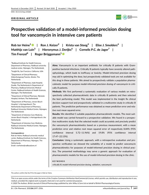 Pdf Prospective Validation Of A Model‐informed Precision Dosing Tool For Vancomycin In