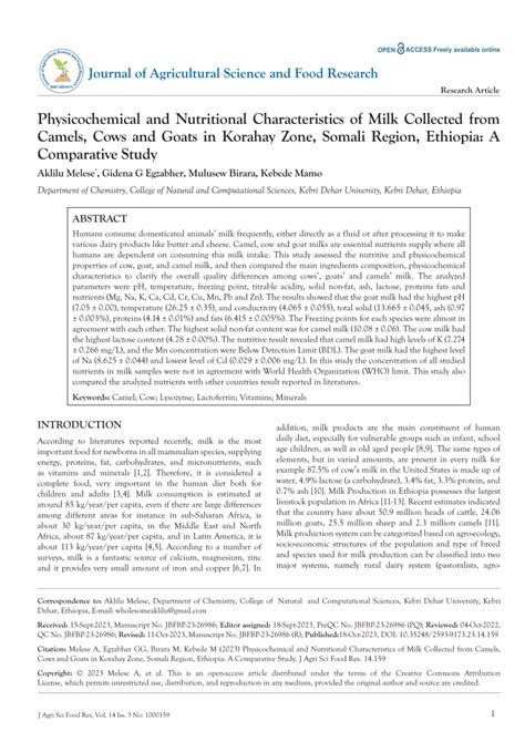 Pdf Physicochemical And Nutritional Characteristics Of Milk Collected From Camels Cows And