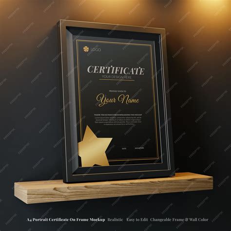 블랙 프레임 편집 가능한 모형 투시도에 최소 A4 수직 현대 인증서 프리미엄 Psd 파일