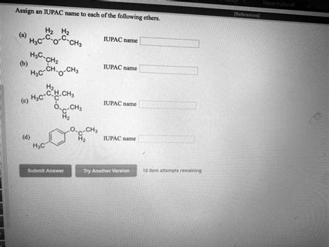 If Assign An Iupac Name To Cach Of The Following Ethers Hyc C Ch Hsc Zho H C Ch Ch Iupac