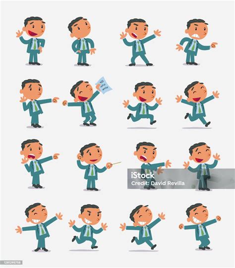 스마트 캐주얼 스타일의 만화 캐릭터 사업가 서로 다른 자세 태도 및 포즈로 설정하여 격리 된 벡터 일러스트레이션에서 다양한 활동을하고 있습니다 기업 비즈니스에 대한 스톡