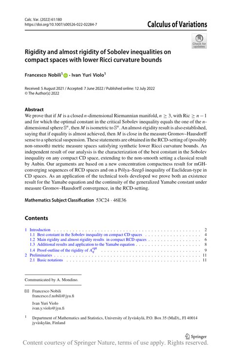 Pdf Rigidity And Almost Rigidity Of Sobolev Inequalities On Compact Spaces With Lower Ricci