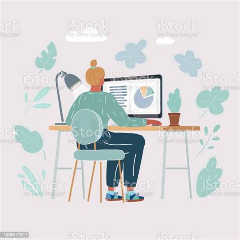컴퓨터 앉아 작업을 사용하여 개발자의 벡터 그림입니다 그녀의 작업 책상에 여자 후면 보기 의사소통에 대한 스톡 벡터 아트 및