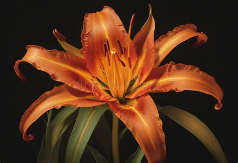 A Vibrant Fire Lily Blooming Against A Stark Black Background Stock