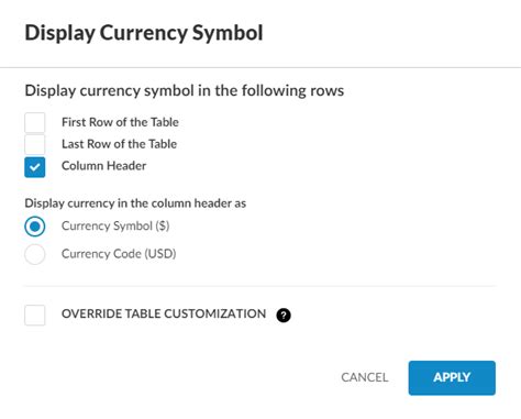 Set Default Currency Symbol Options For Dynamic Tables