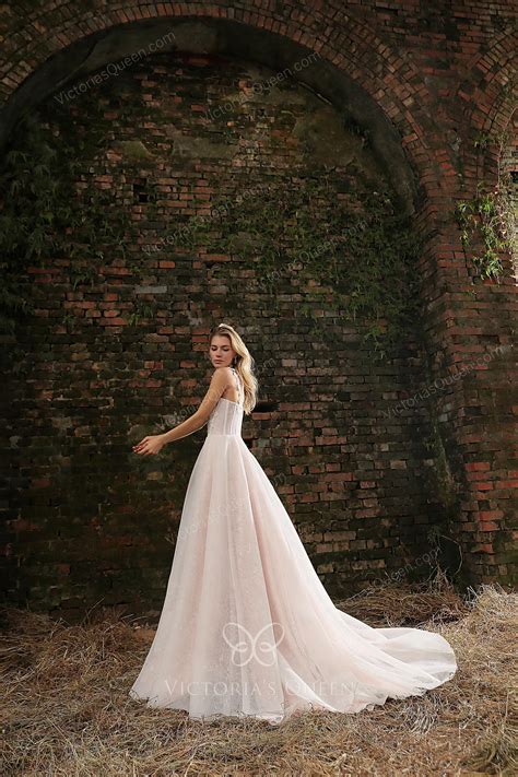 Romantic Lace Applique Strap Corset A Line Pink Bridal Gown Vq