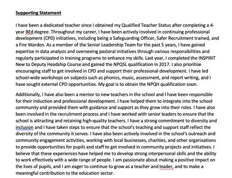 Assistant Headteacher Deputy Head Cover Letter And Supporting Statement For Job Application
