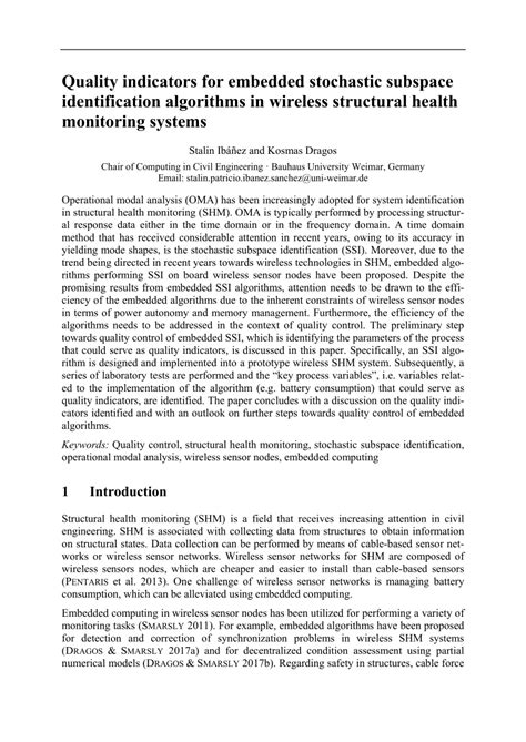 Pdf Quality Indicators For Embedded Stochastic Subspace