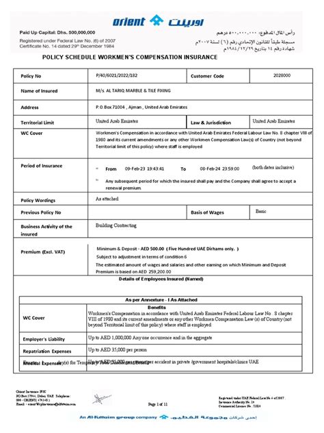 Policy Schedule Workmens Compensation Insurance Details Of Employees