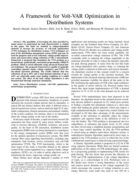 Pdf A Framework For Volt Var Optimization In Distribution Systems