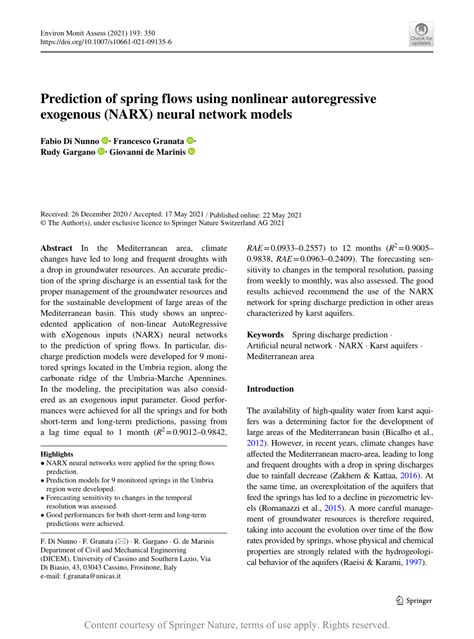 Prediction Of Spring Flows Using Nonlinear Autoregressive Exogenous